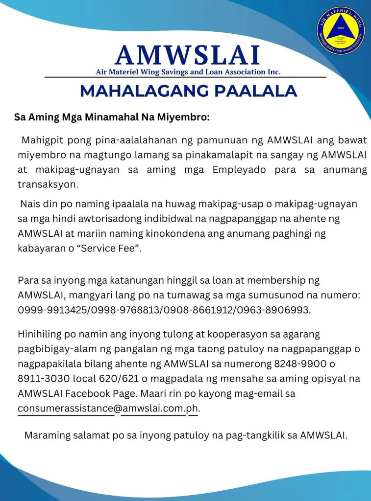 Mahalagang Paalala sa Pakikipag-Ugnayan sa AMWSLAI | Air Materiel Wing ...