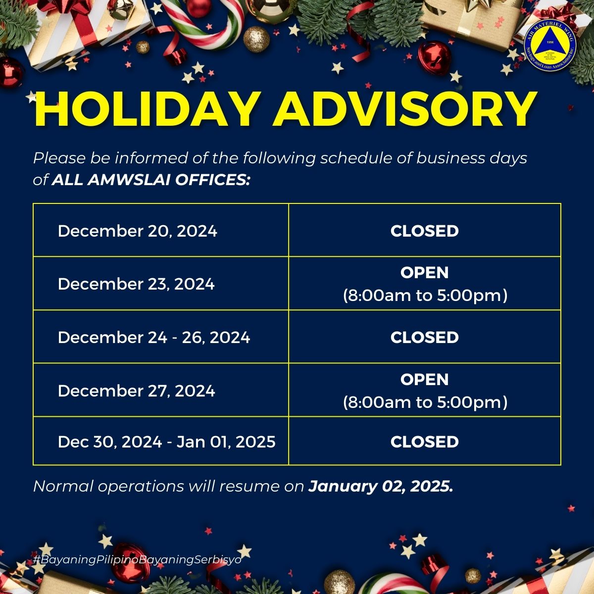 2024 Holiday AMWSLAI Schedule | Air Materiel Wing Savings and Loan ...